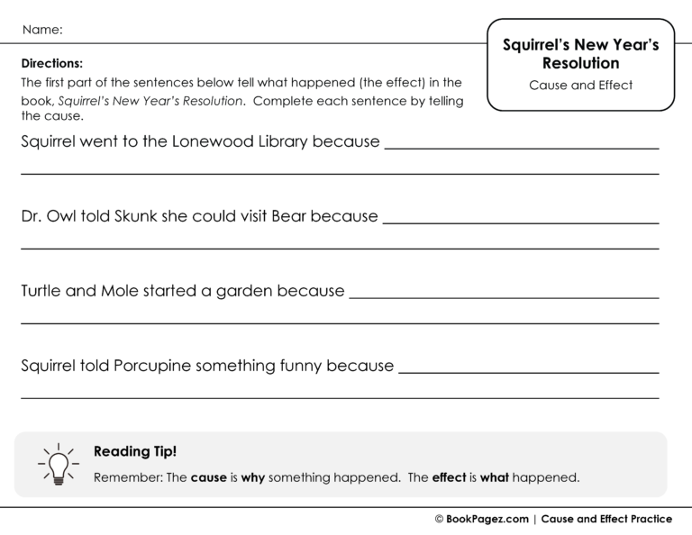 Cause and Effect Sentence Stems with Squirrel's New Year's Resolution ...